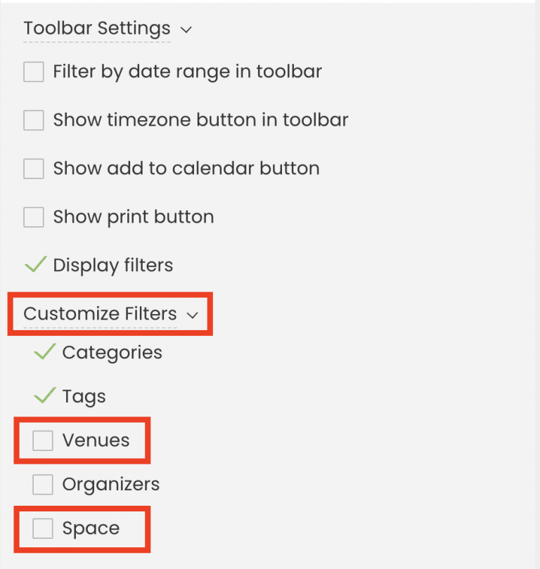 How to Display Venue and Space Filters on your Calendar